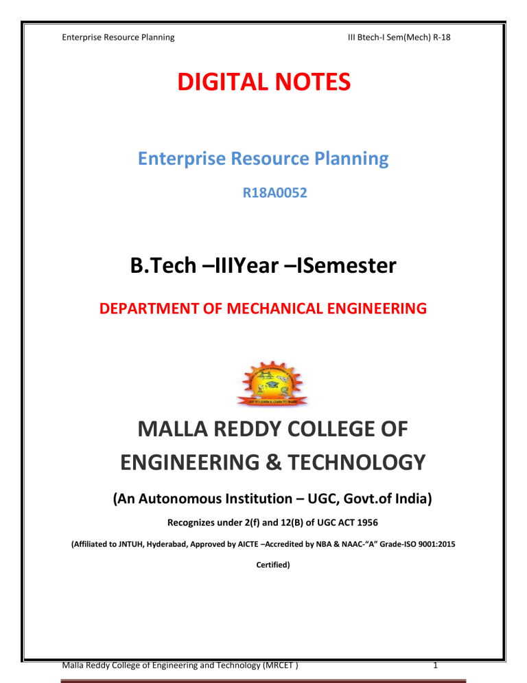 Enterprise Resource Planning (ERP) Digital Notes