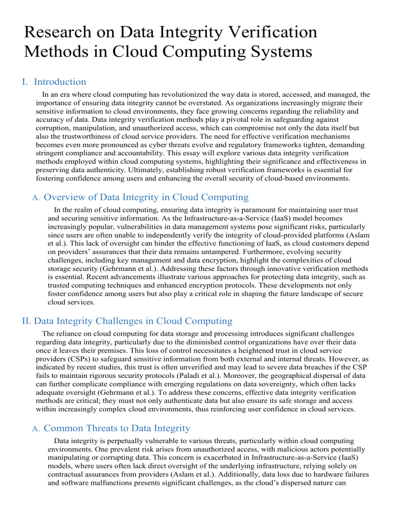 Data Integrity Verification in Cloud Computing Systems