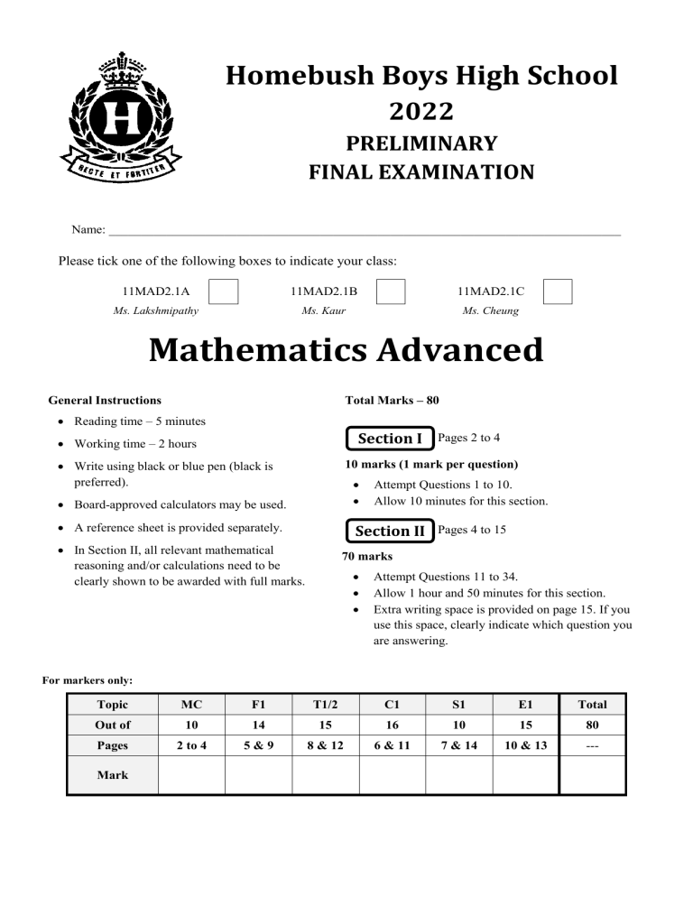 Homebush Boys High School 2022 Preliminary Mathematics Advanced Exam