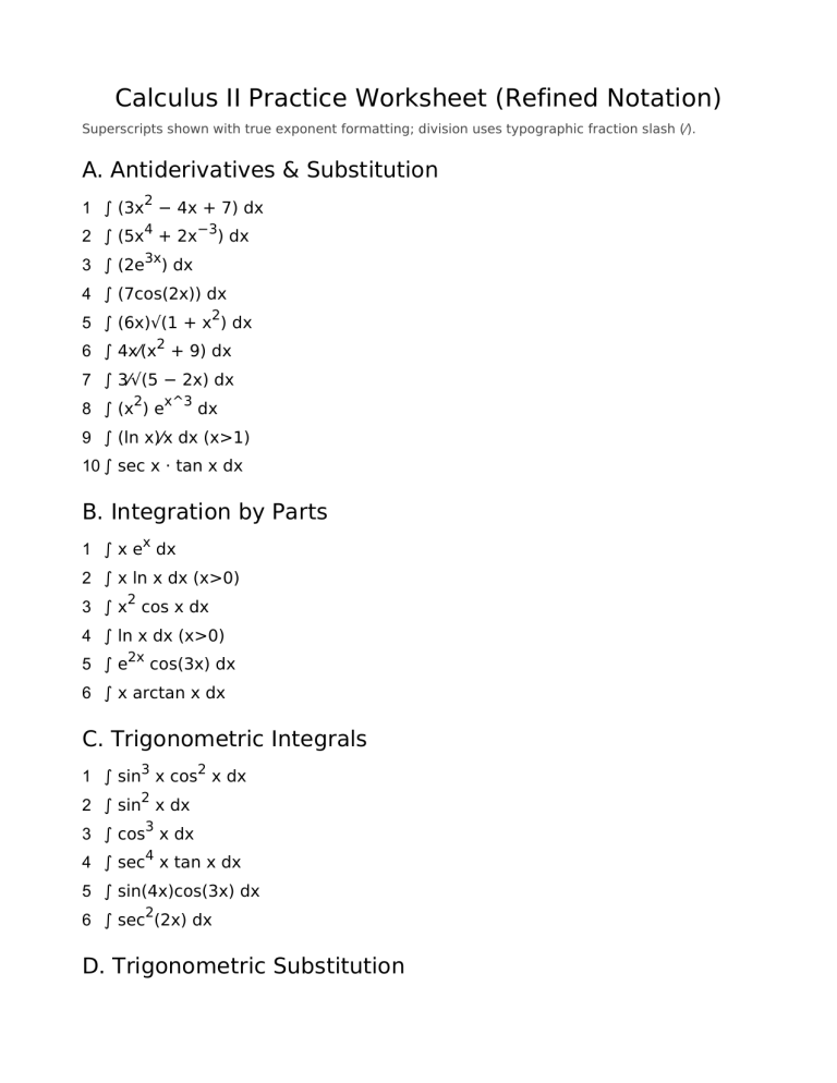 Calculus II Practice Worksheet: Integrals & Series with Answers