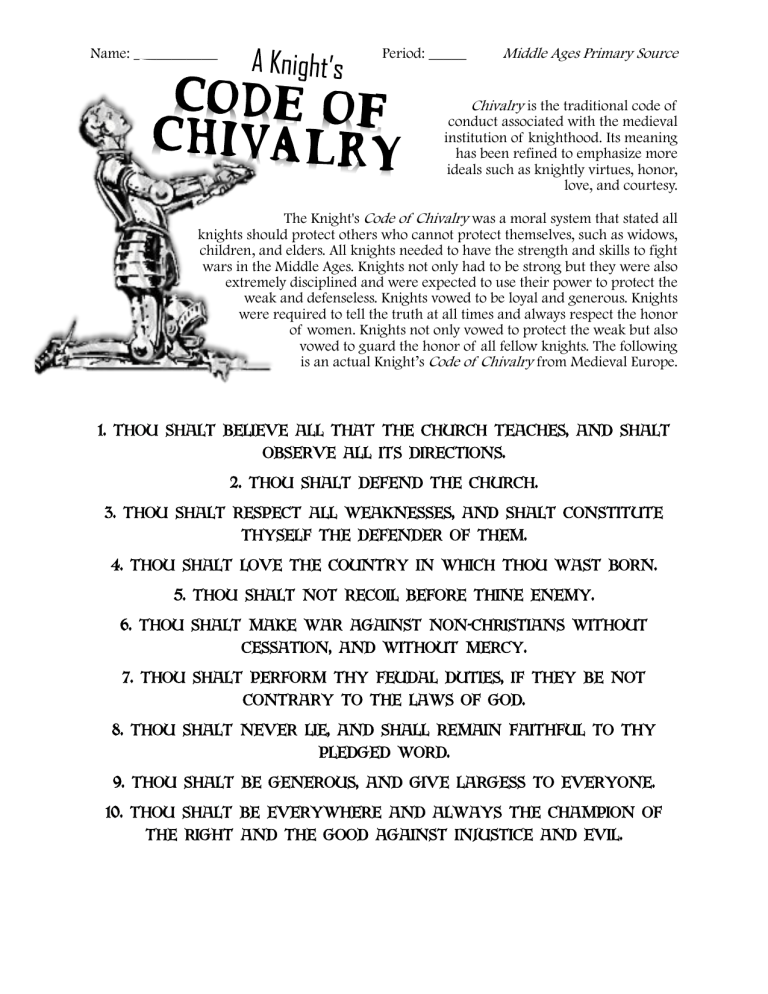 Knight's Code of Chivalry: Middle Ages Primary Source Worksheet