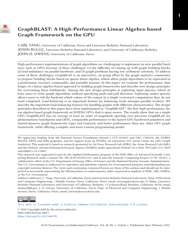 GraphBLAST: GPU Graph Framework with Linear Algebra