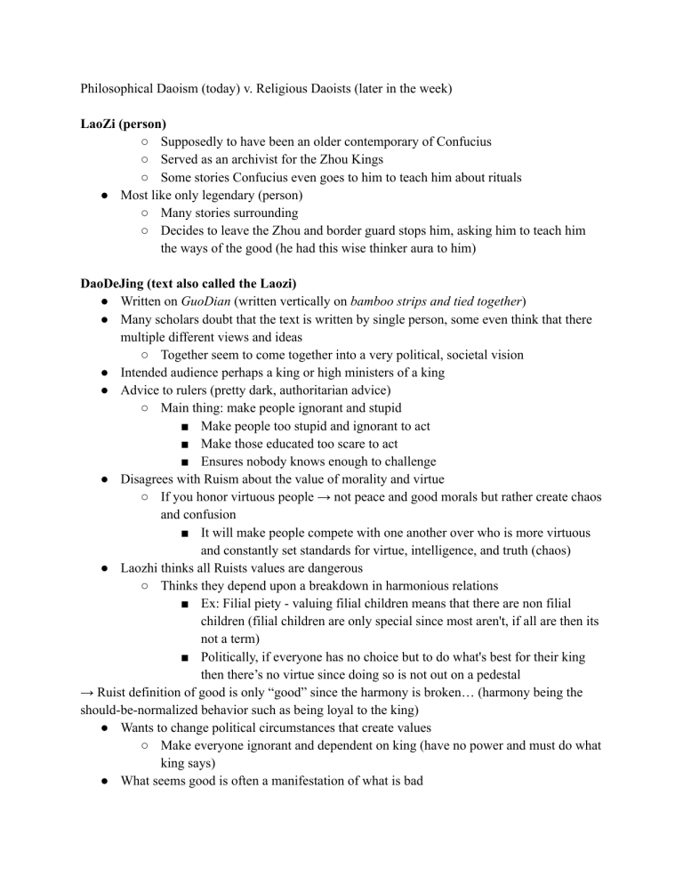 Philosophical Daoism: Laozi & Zhuangzi Lecture Notes