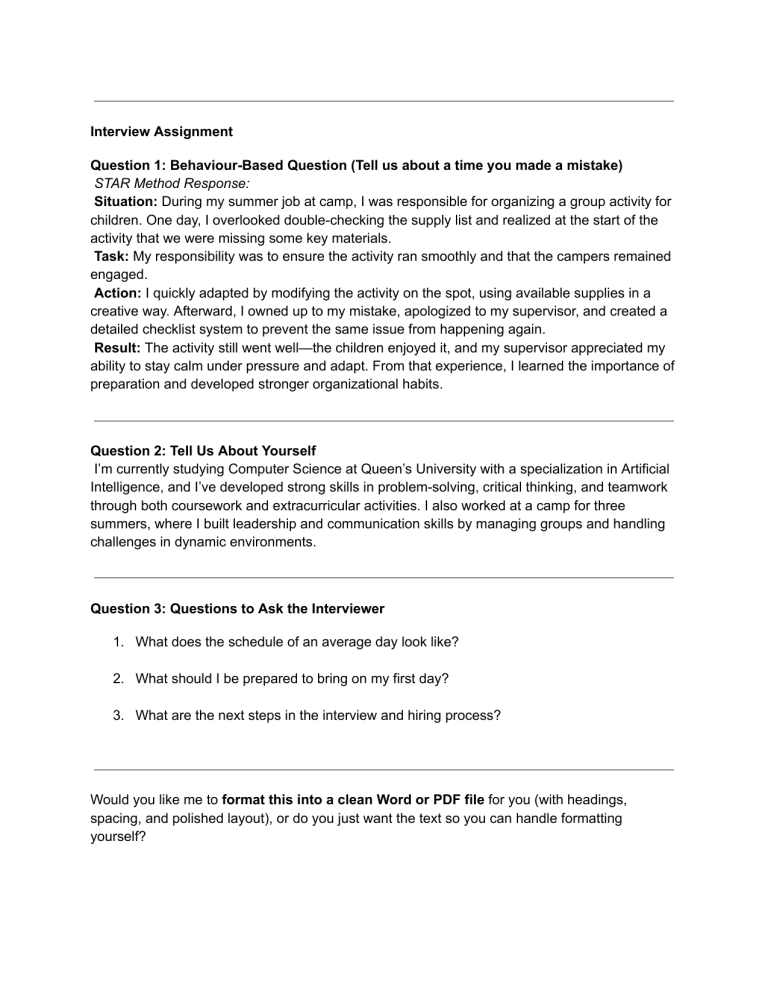 Interview Assignment with Example Answers
