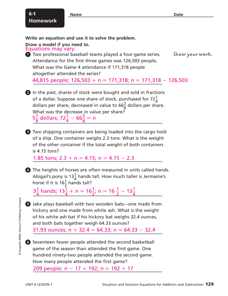 Equation Word Problems Homework: Addition, Subtraction, More