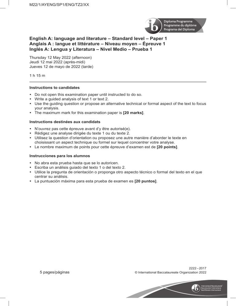 IB English A Exam Paper: Language & Literature SL