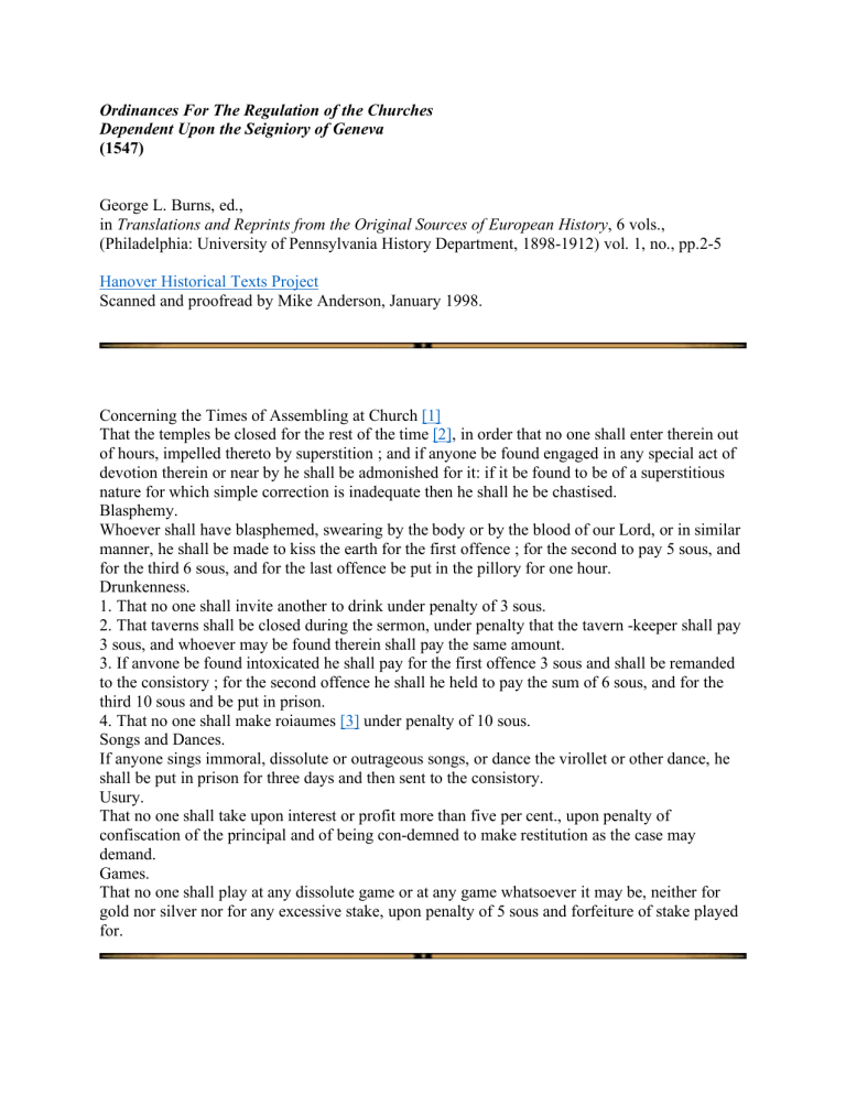 Geneva Church Ordinances (1547): Religious & Social Regulations