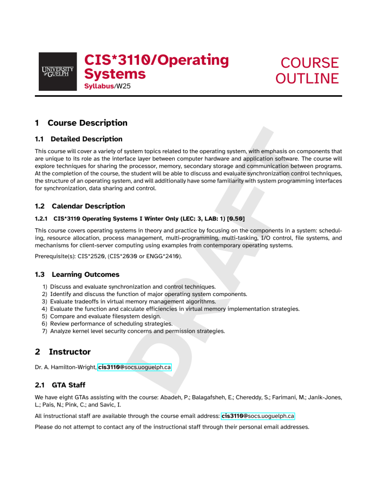 CIS*3110 Operating Systems Syllabus - University of Guelph