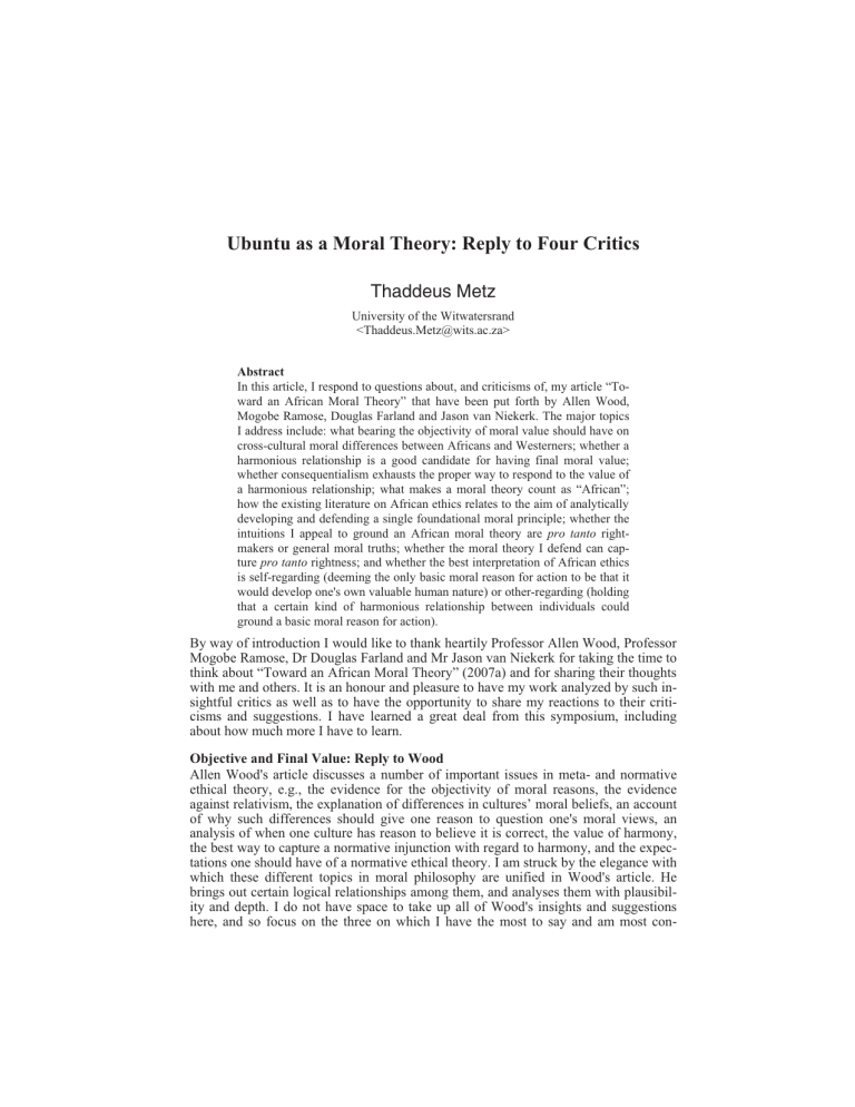 Ubuntu as a Moral Theory: Reply to Critics on African Ethics