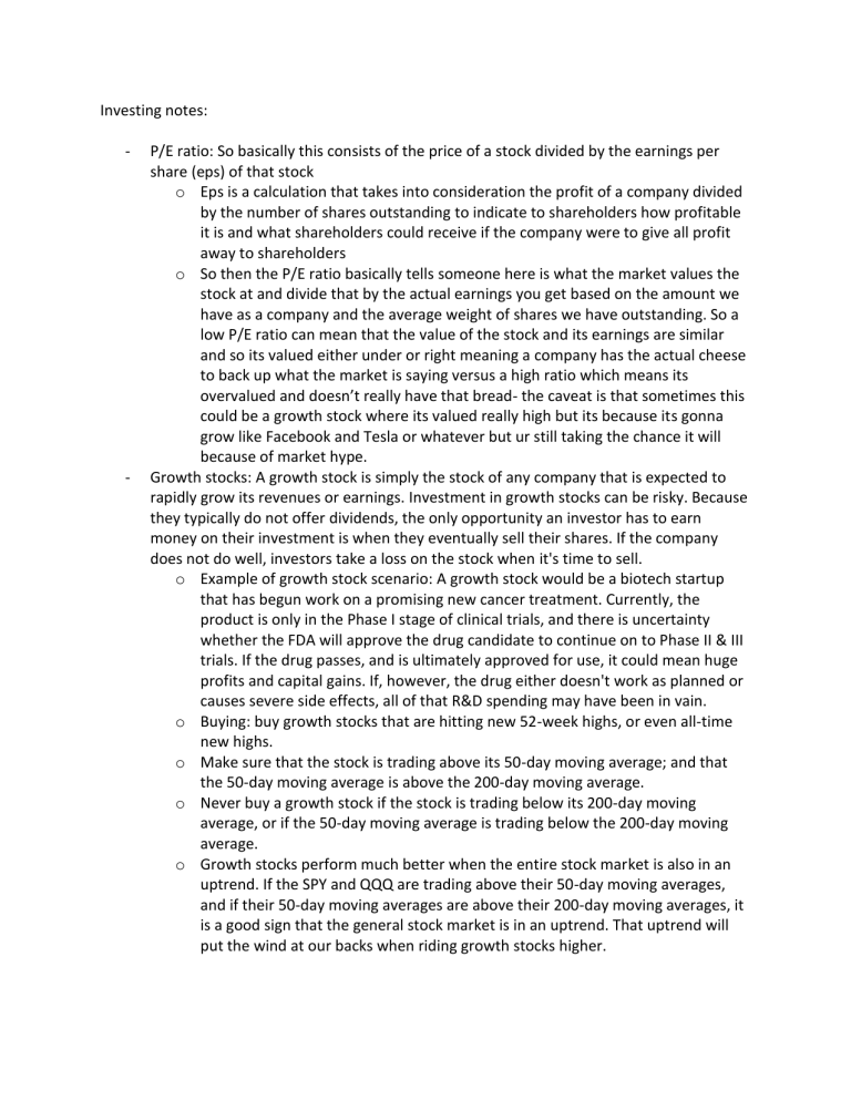 Investing Notes: P/E Ratio, Growth Stocks & Financial Statements