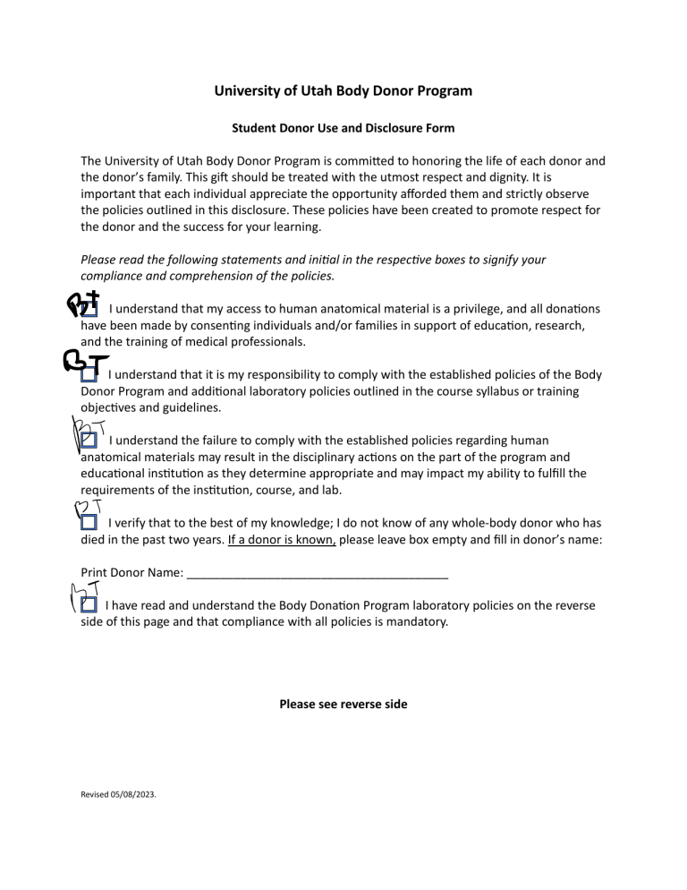 University of Utah Body Donor Program Disclosure Form