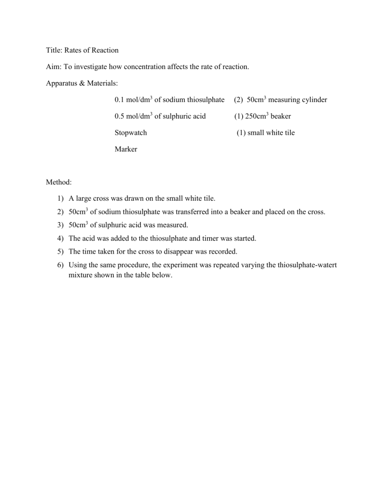 Rates of Reaction Lab Report: Concentration's Effect on Reaction Rate