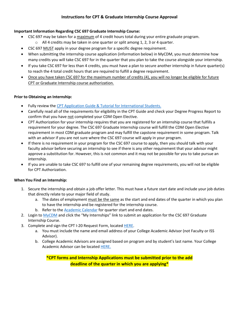 CPT & Graduate Internship Course Approval Instructions for CSC 697