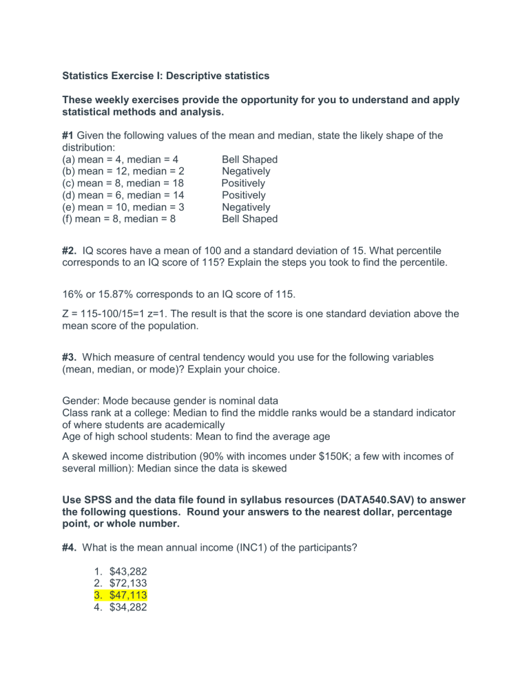Statistics Exercise I: Descriptive Statistics & SPSS Data Analysis