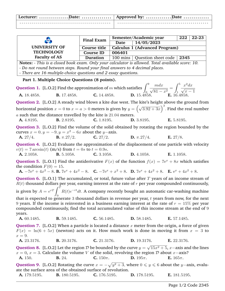 Calculus 1 (Advanced Program) Final Exam - University of Technology