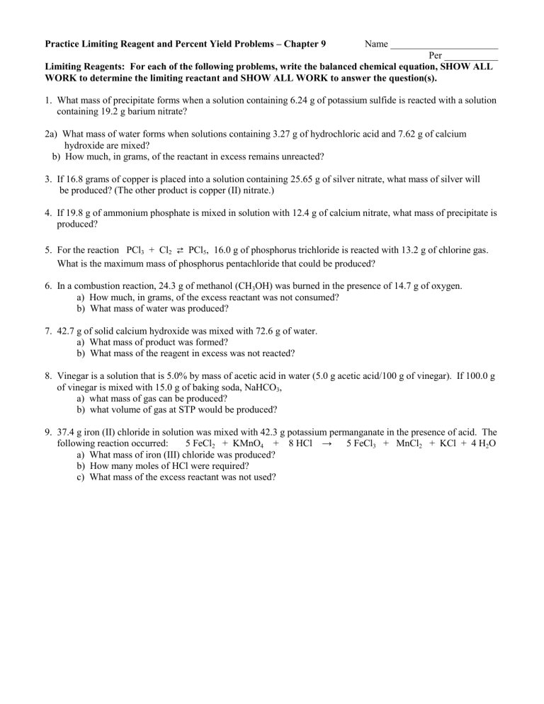 Limiting Reagent & Percent Yield Chemistry Problems Worksheet