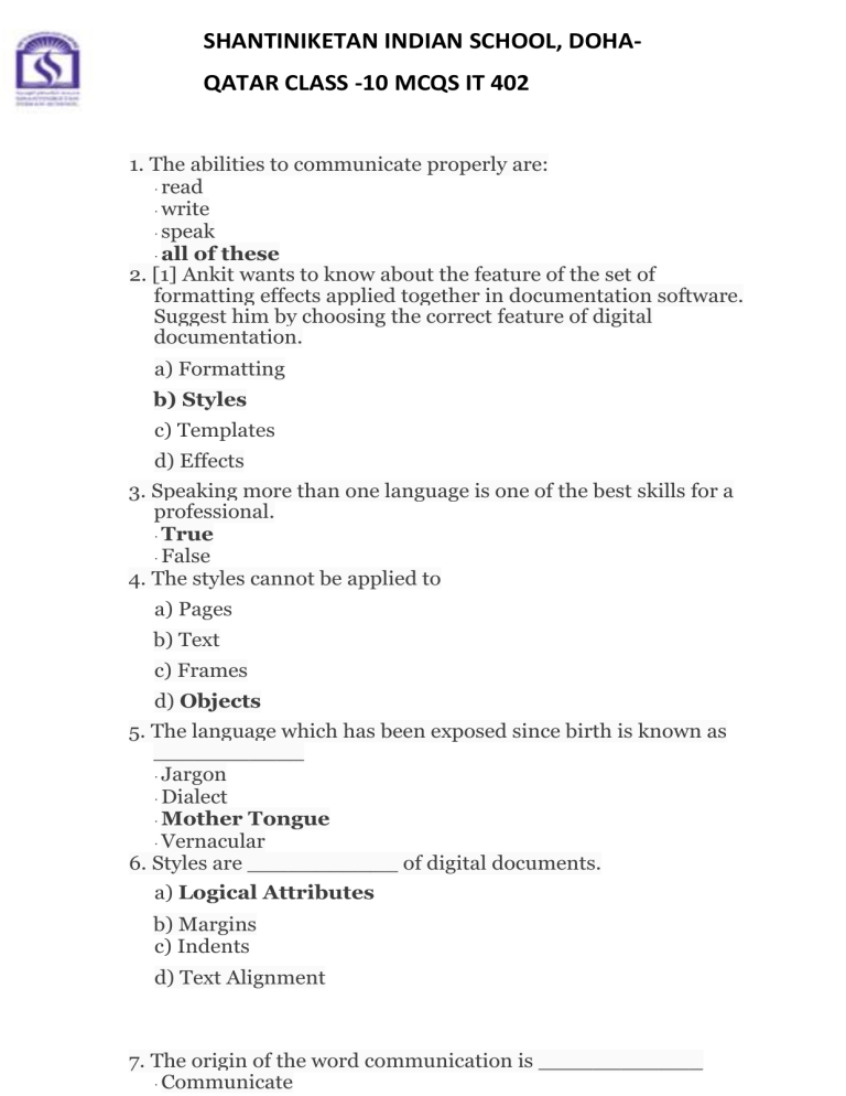 Class 10 IT 402 MCQs: Digital Documentation & Communication Skills