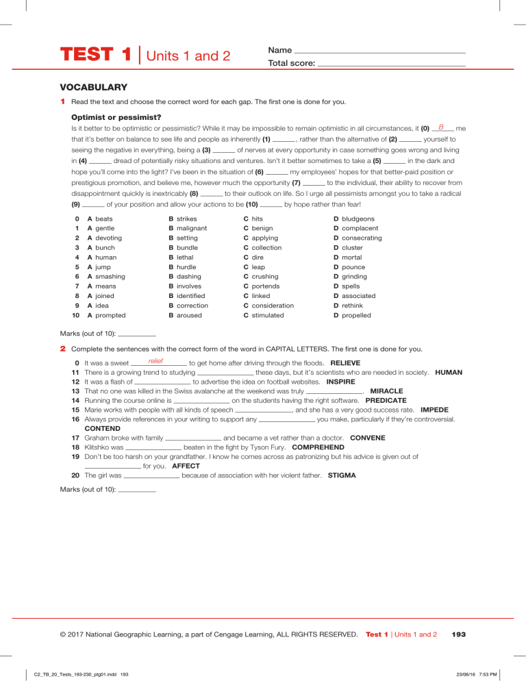 English C2 Test 1: Vocabulary, Grammar & Reading Practice