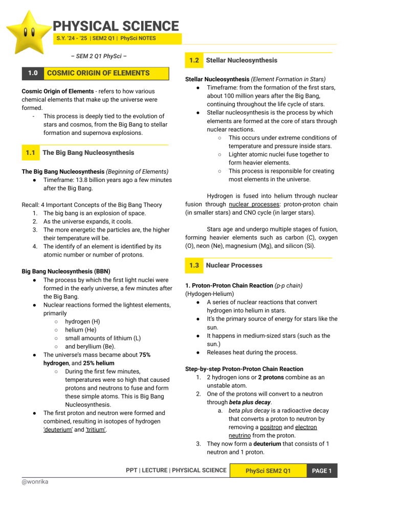 Cosmic Origin of Elements & History of the Atom - PhySci Notes