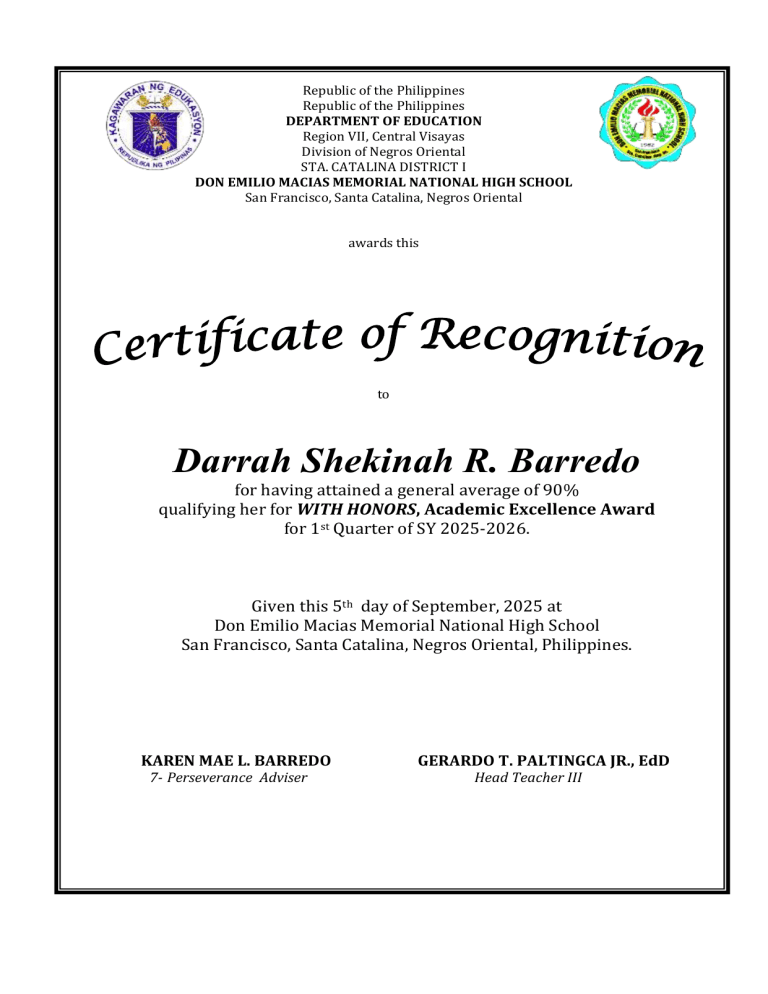 Don Emilio Macias Memorial National High School Academic Awards 2025