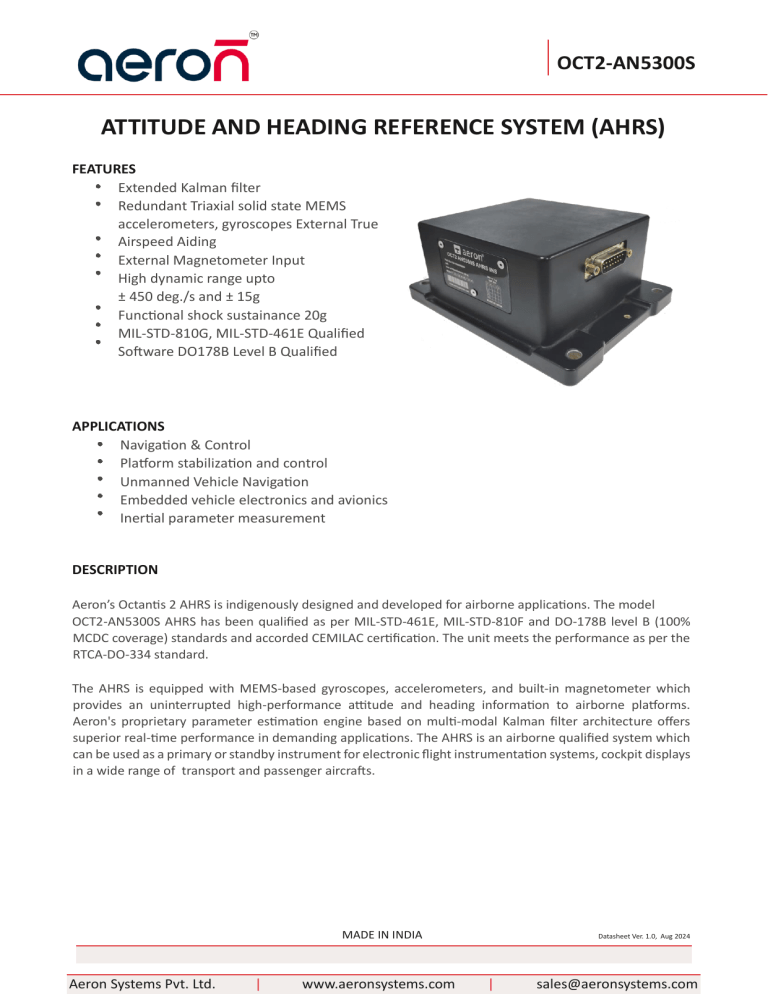 OCT2-AN5300S AHRS Datasheet | Aeron Systems