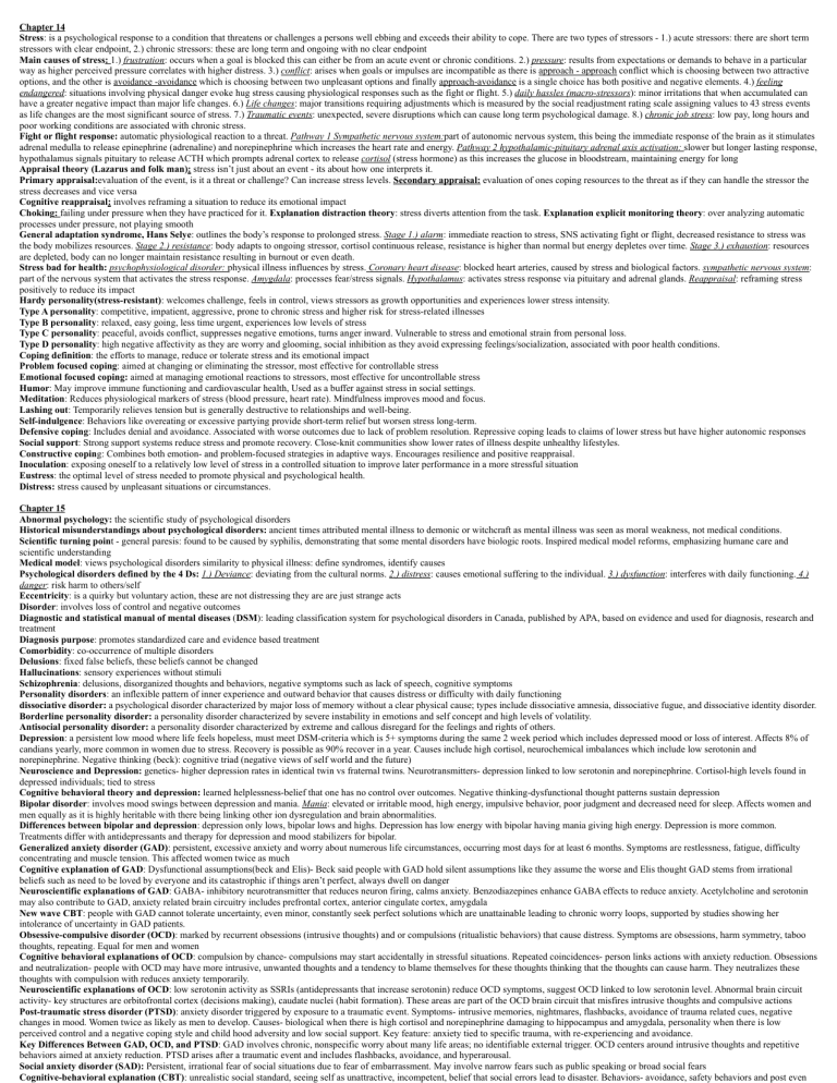 Stress, Coping & Psychological Disorders Study Notes