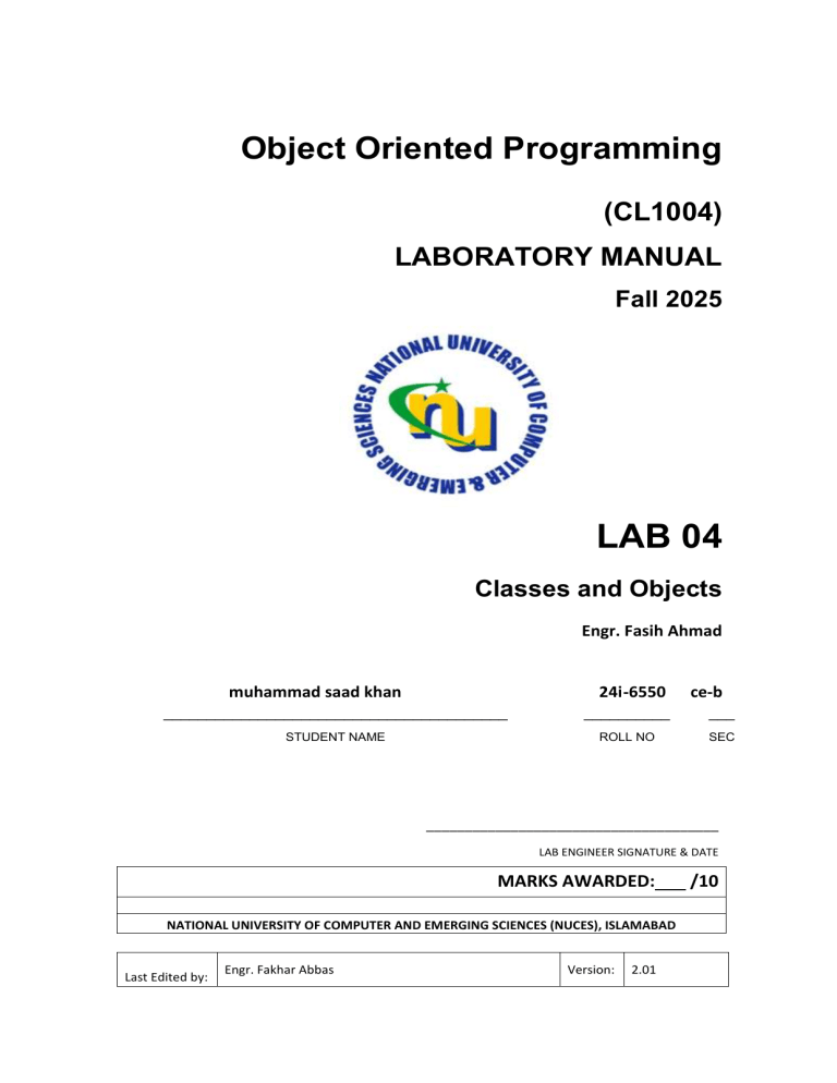 OOP Lab: Classes and Objects - Laboratory Manual