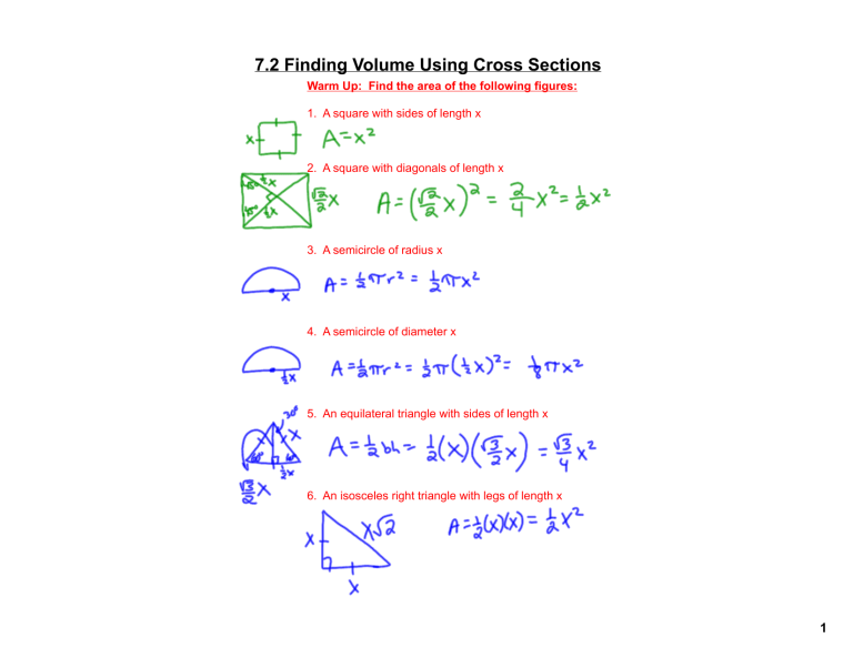 Finding Volume Using Cross Sections: Calculus Warm-Up & Examples