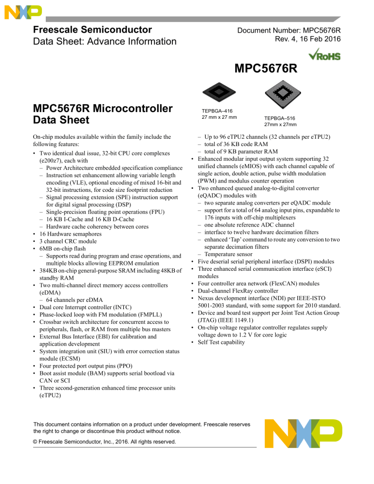 Freescale MPC5676R Microcontroller Data Sheet | Features & Specs
