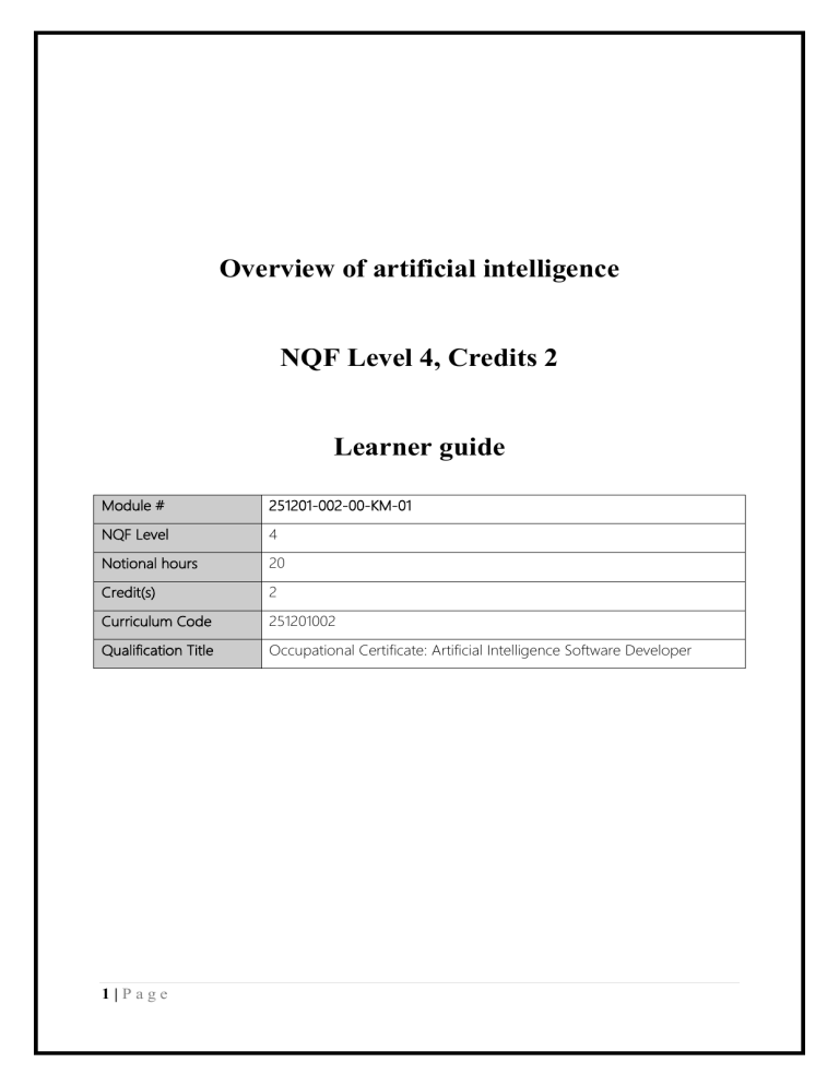 AI Overview: NQF Level 4 Learner Guide