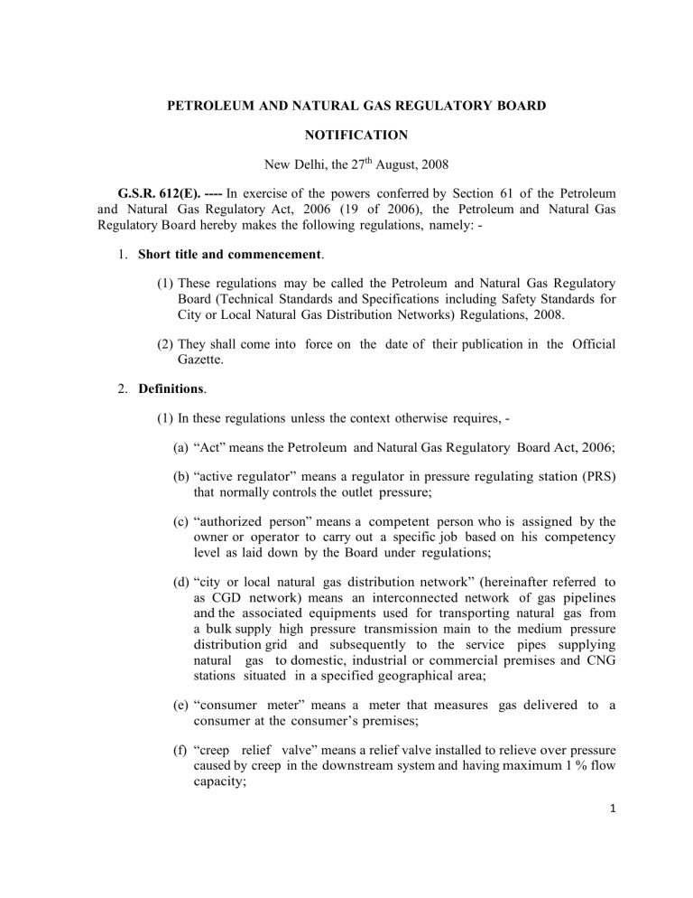 PNGRB CGD Network Technical & Safety Standards Regulations (2008)