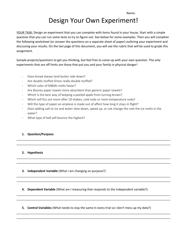 Design Your Own Experiment Science Worksheet | Scientific Method Guide