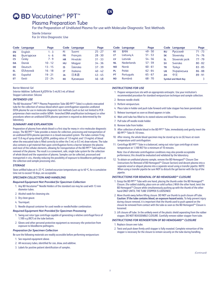 BD Vacutainer PPT Plasma Preparation Tube: Instructions for Use