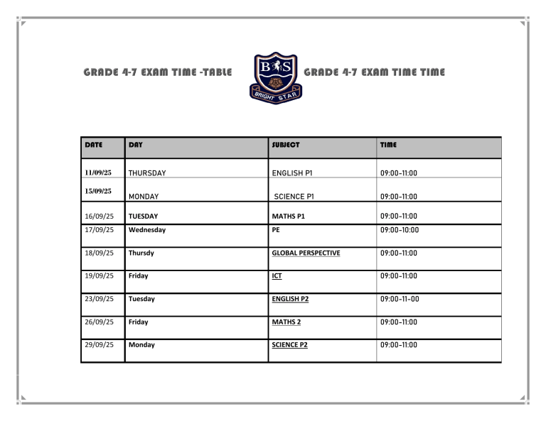 Grade 4-7 Exam Timetable 2025 | Bright Star School Schedule