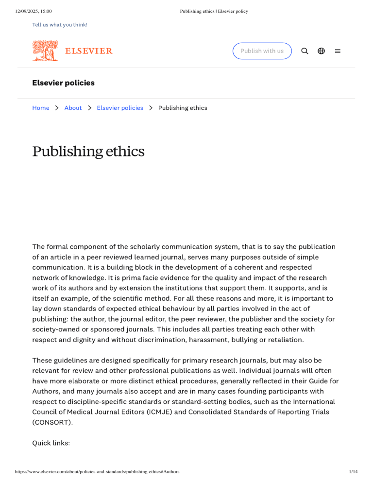 Elsevier Publishing Ethics Policy: Standards for Scholarly Communication