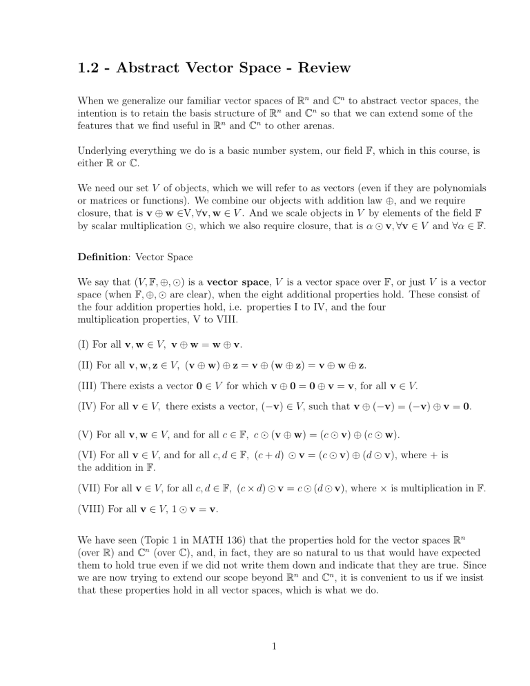 Abstract Vector Spaces: Definitions, Properties, and Examples