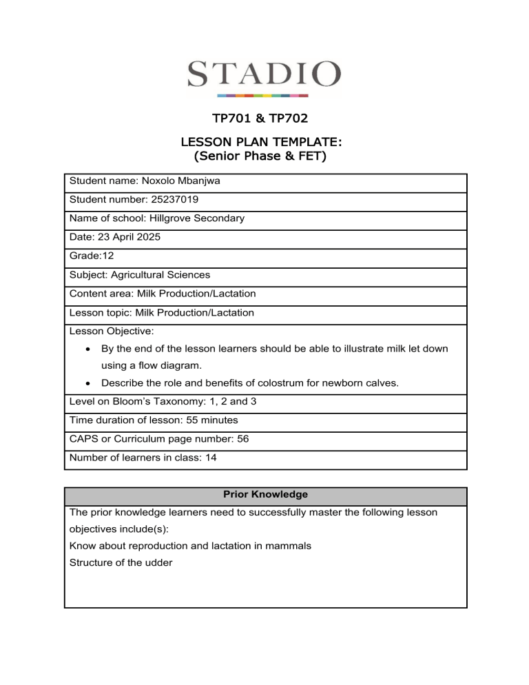 Milk Production Lesson Plan: Grade 12 Agricultural Science