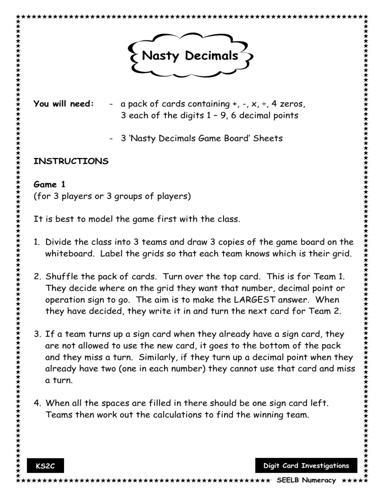 Nasty Decimals Game: Math Card Game Instructions