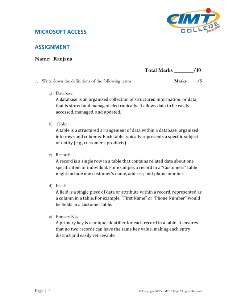 Microsoft Access Assignment: Database Terms & Definitions
