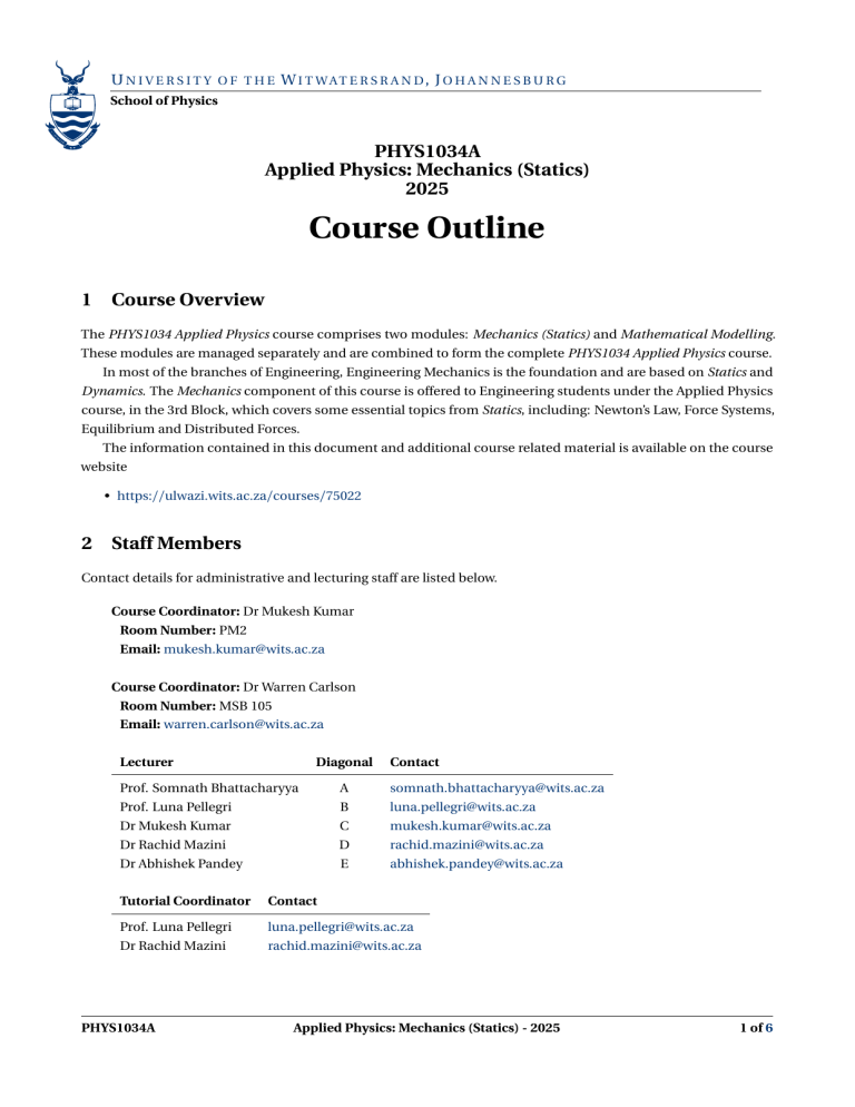 PHYS1034A Mechanics (Statics) Course Outline - Wits University
