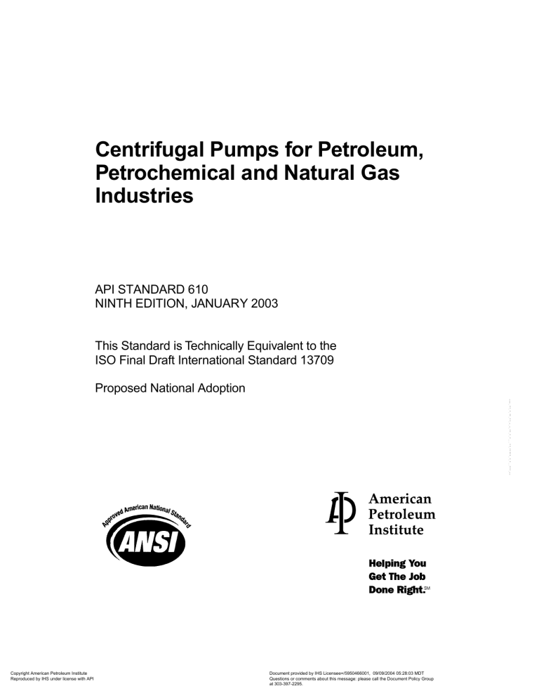 API Standard 610: Centrifugal Pumps for Petroleum & Natural Gas Industries