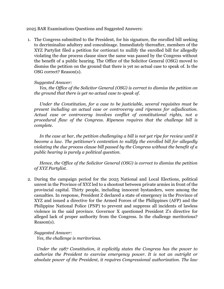 2025 BAR Exam Questions & Suggested Answers: Constitutional Law