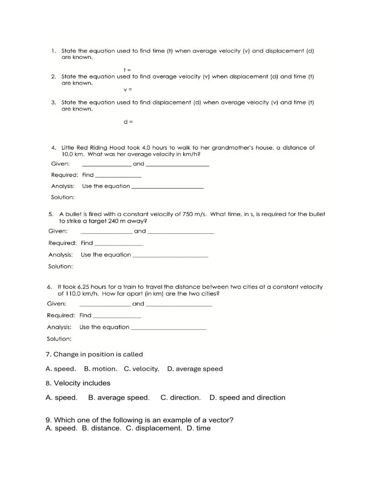 Physics Worksheet: Velocity, Displacement, Distance