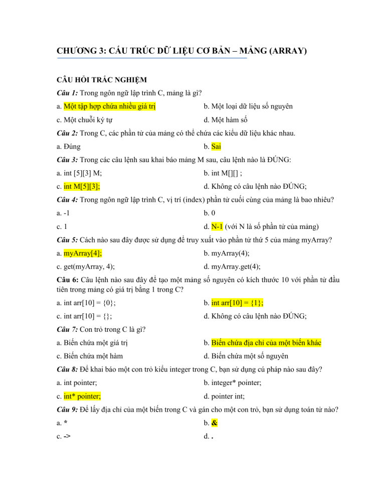 C Programming Arrays & Pointers Quiz - Basic Data Structures