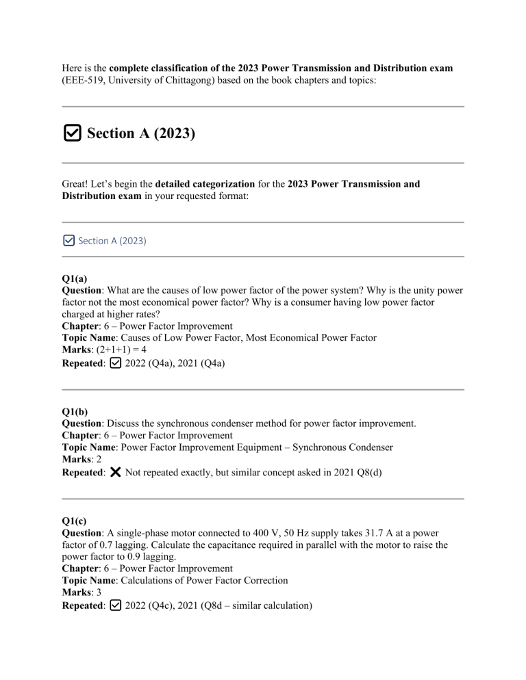 Power Transmission & Distribution Exam Classification 2023