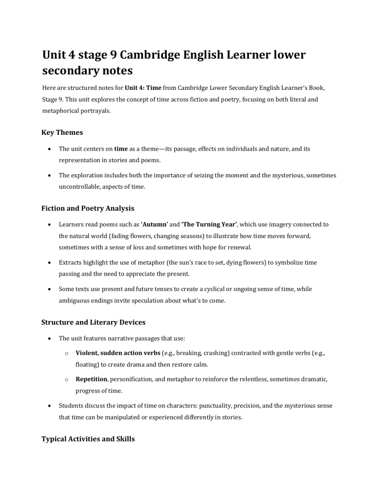 Cambridge Lower Secondary English Stage 9 Unit 4: Time Study Notes