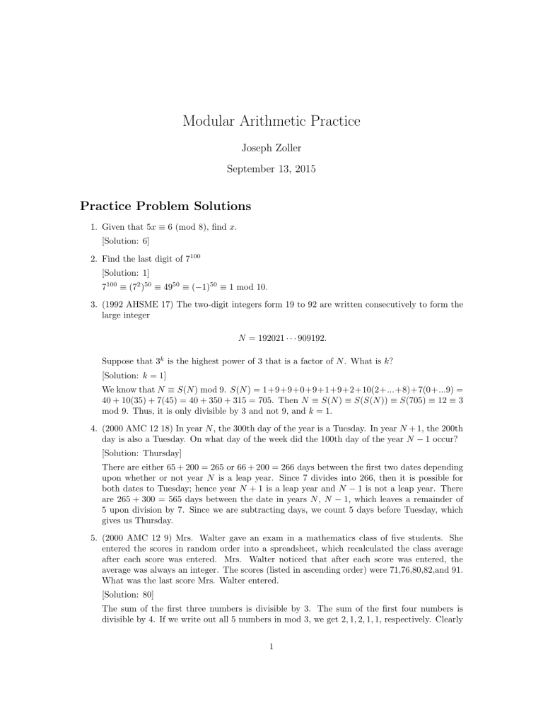 Modular Arithmetic Practice Problems & Solutions - Joseph Zoller