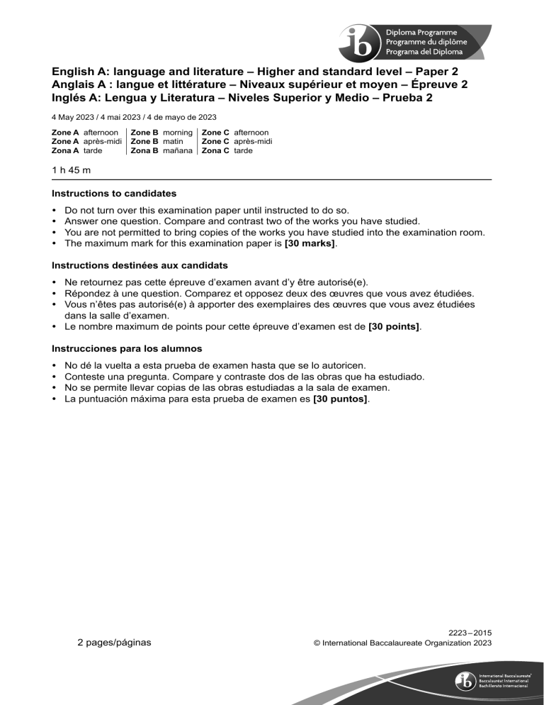 IB English A Language & Literature Paper 2 Exam 2023 - Higher/Standard