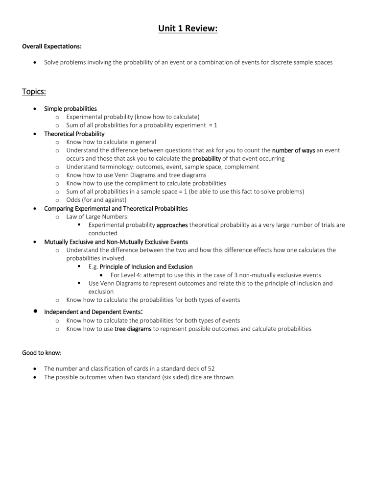 Unit 1 Probability Review: Concepts, Formulas & Practice Questions