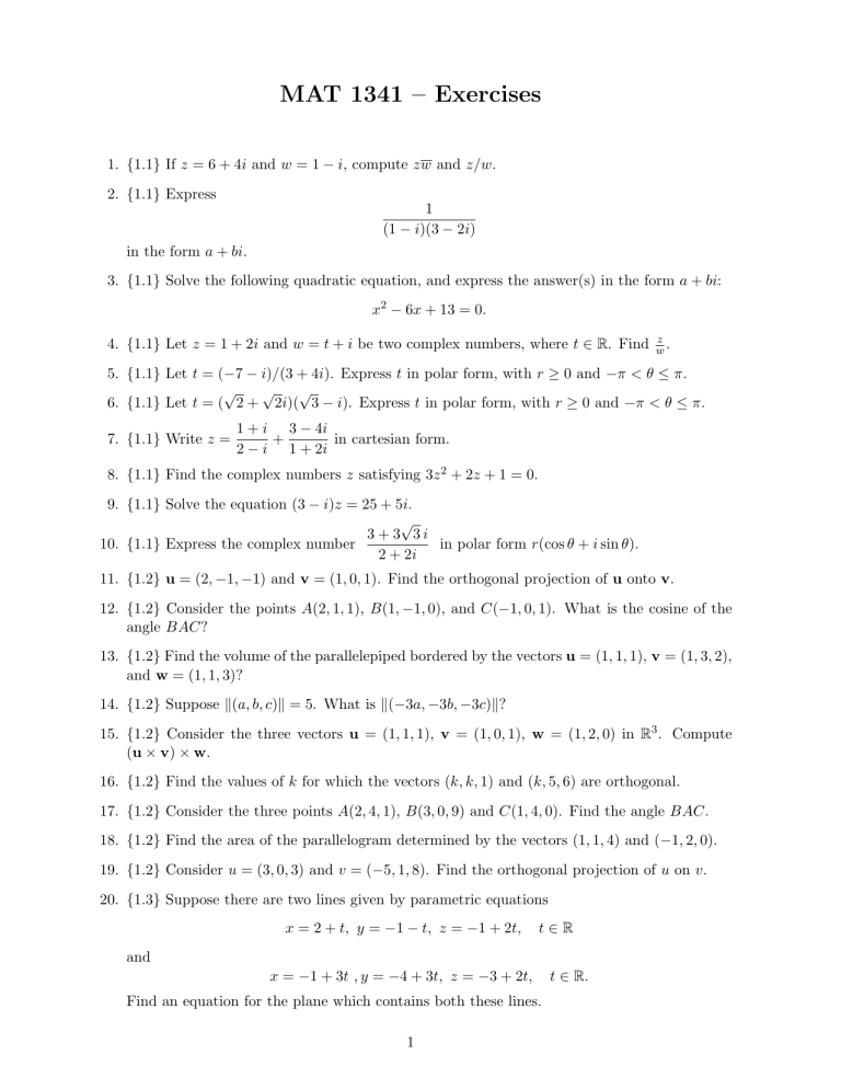 MAT 1341 Exercises: Complex Numbers, Vectors & Linear Algebra Problems